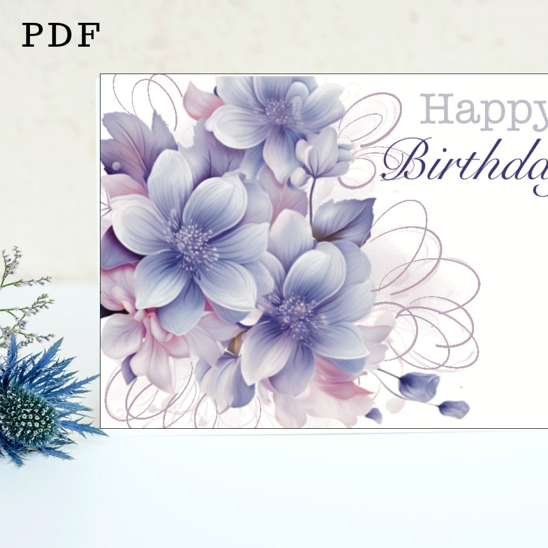 Floral Happy Birthday Card, Minimalist Purple Flowers (digital Download ...