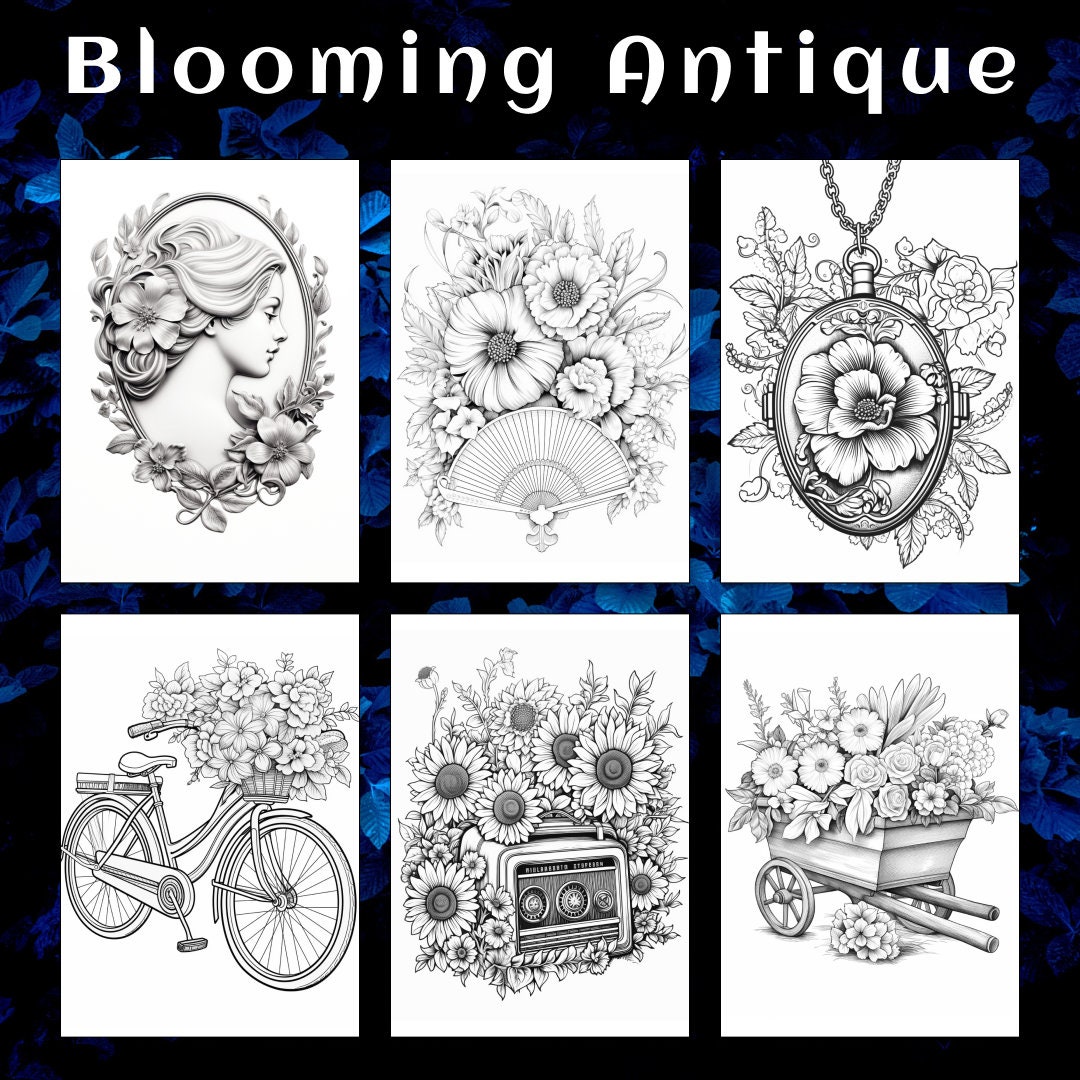 25 Blooming Antique Coloring Page, Floral Retro Coloring Book, Flowers ...
