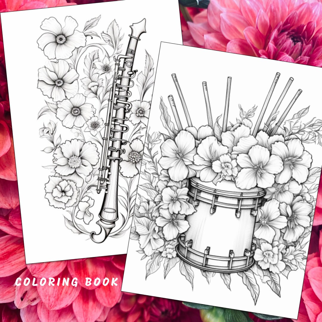 32 Blooming Instruments Coloring Page, Flower Coloring Book, Bloom ...