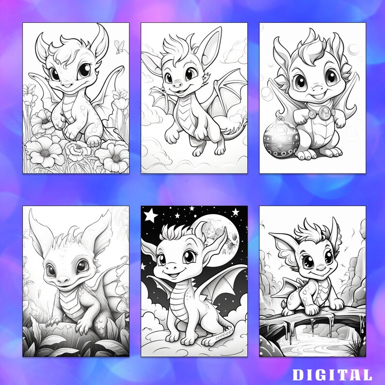 Cute Dragon Coloring Page Book, Adults + Kids- Instant Download Magical ...