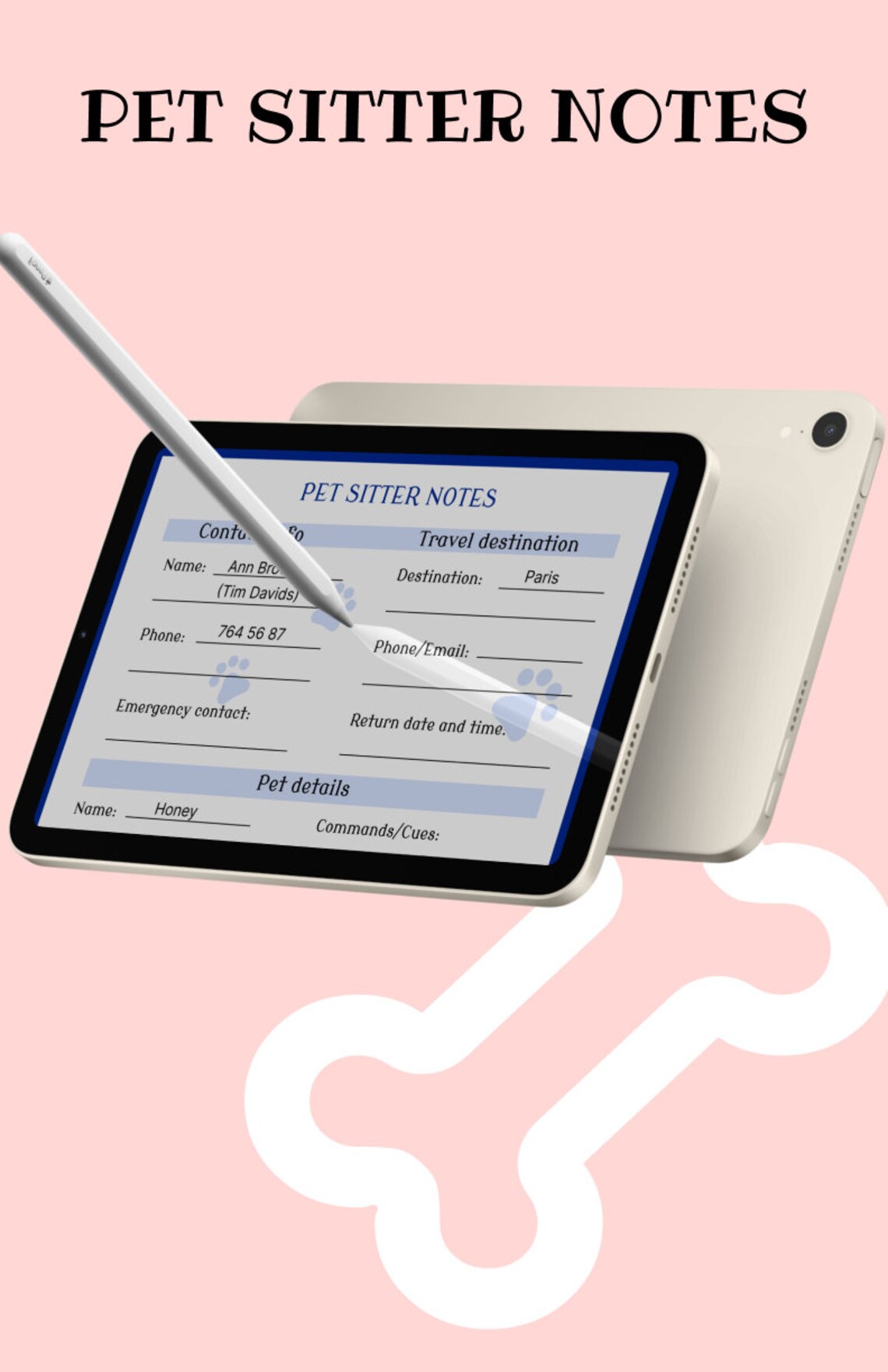 Digital Pet Sitter Notes Printable, Dog Cat Walker, Pet Care ...