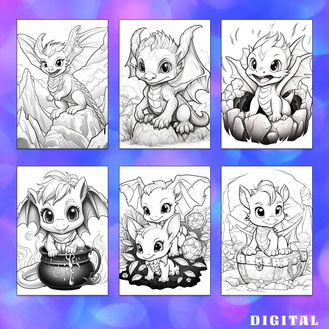 Cute Dragon Coloring Page Book, Adults Kids Instant Download Magical ...