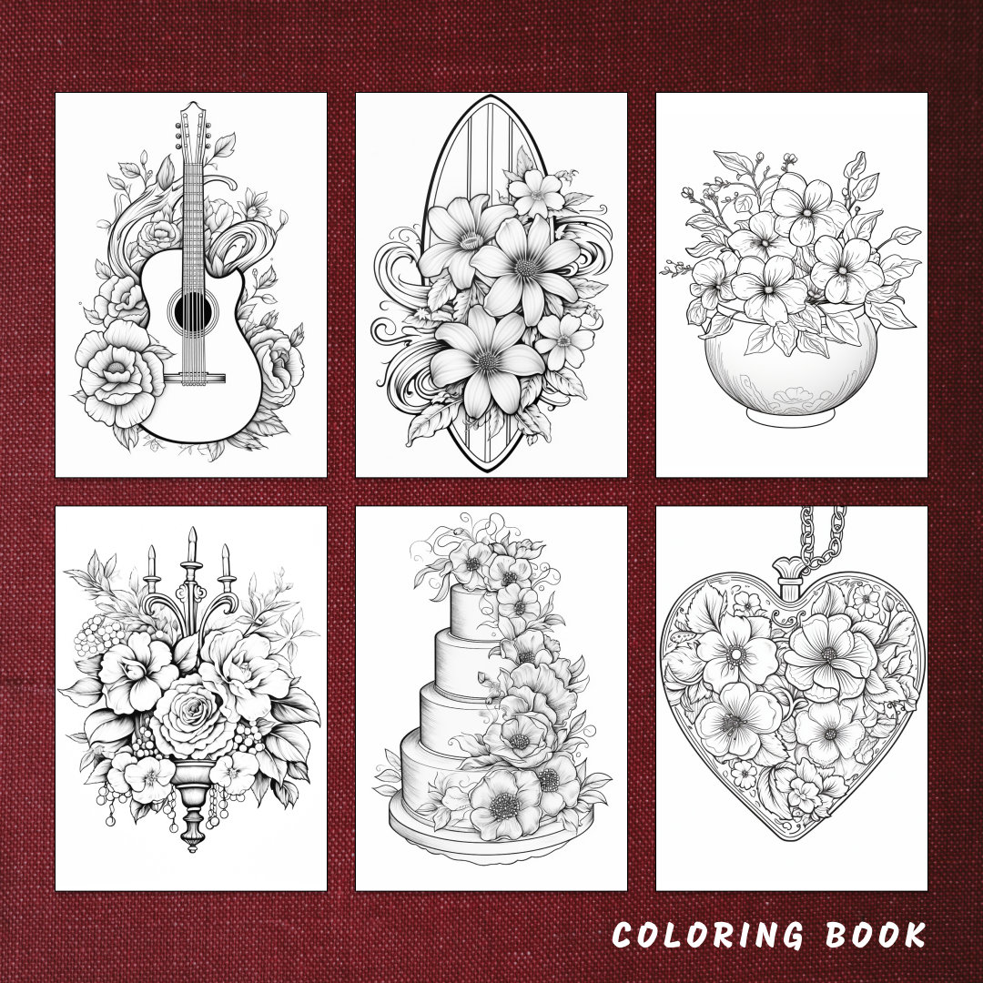 22 Blooming Object Coloring Page, Floral Object Coloring Book,fantasy ...