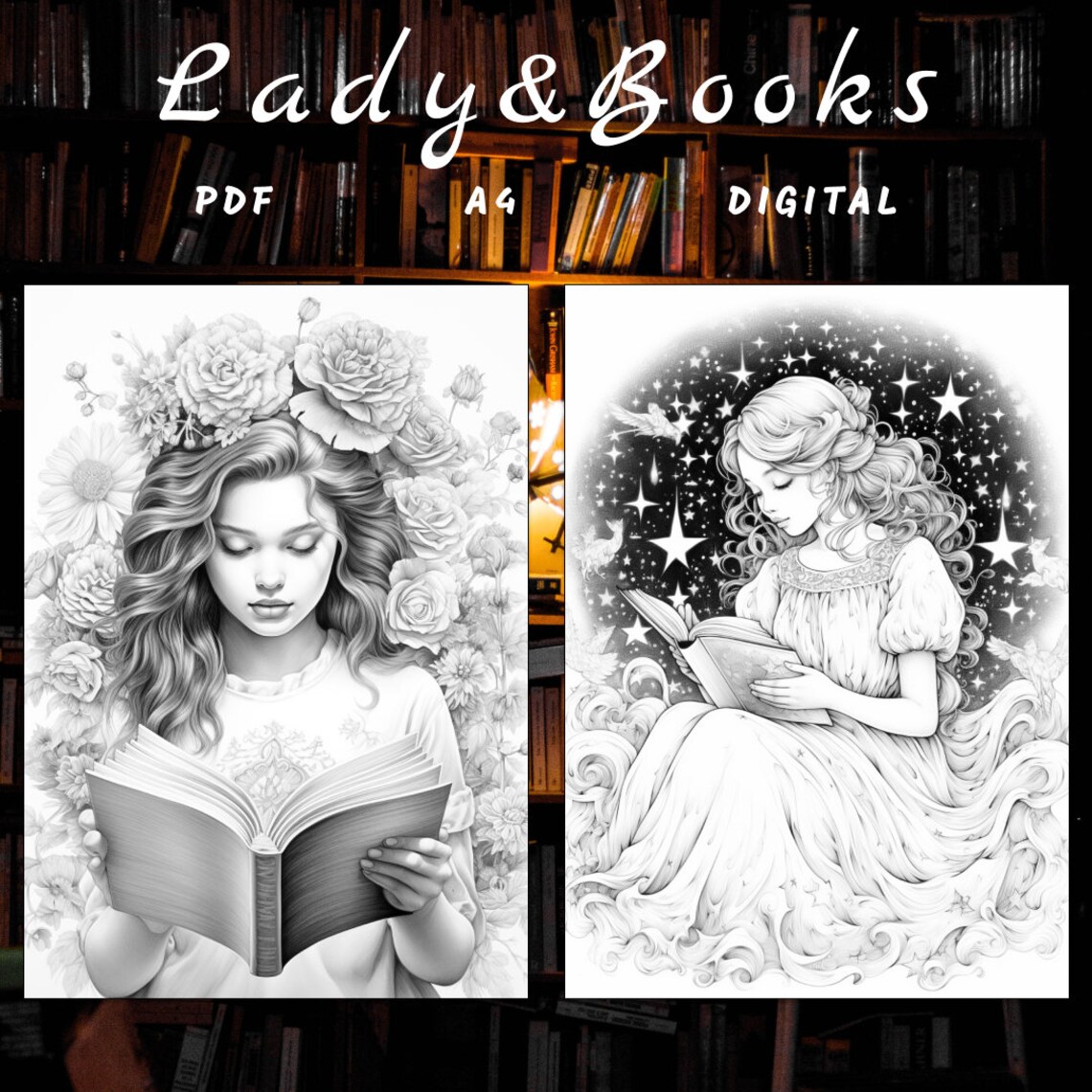 Lady and Books Coloring Book, 26 Page Illustrations (printable PDF) - Etsy