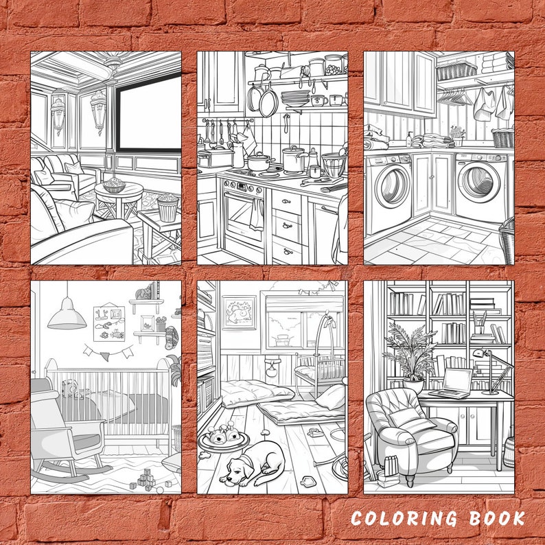 25 Interior Coloring Page, Design Coloring Book, Rooms Coloring, Adults ...