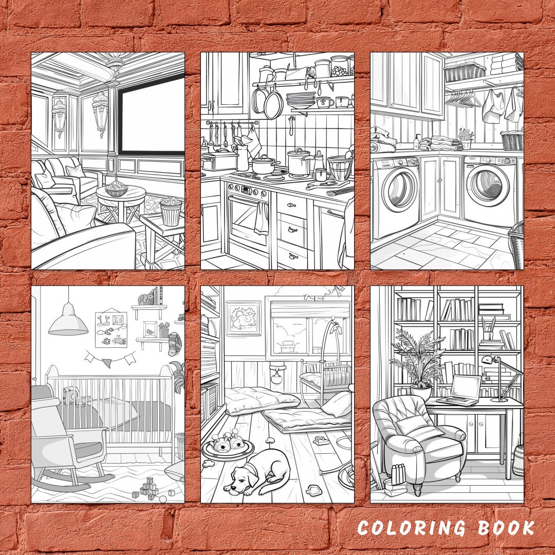 25 Interior Coloring Page, Design Coloring Book, Rooms Coloring, Adults ...