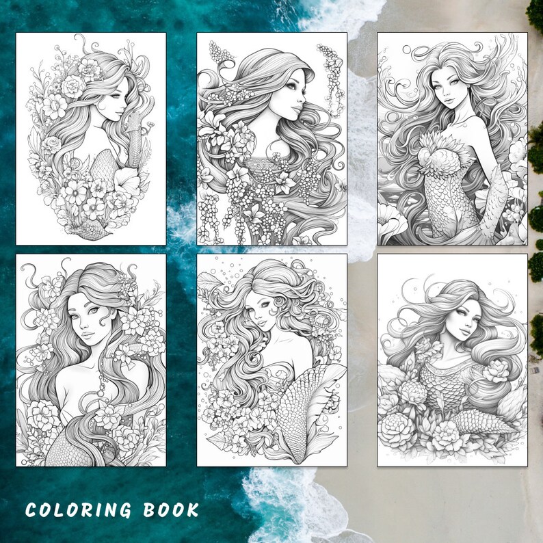 Floral Mermaid Coloring Book, Adults & Kids, Printable Pages (PDF) - Etsy