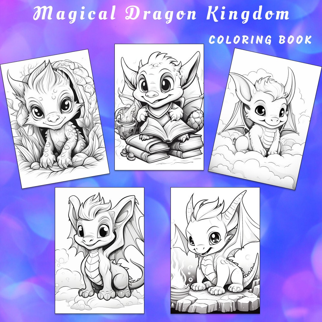 Cute Dragon Coloring Page Book, Adults + Kids- Instant Download Magical ...