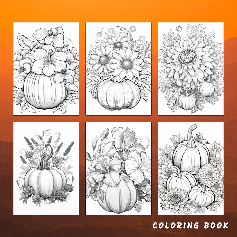 25 Floral Pumpkins Coloring Page, Autumn Coloring Book, Flower Coloring ...