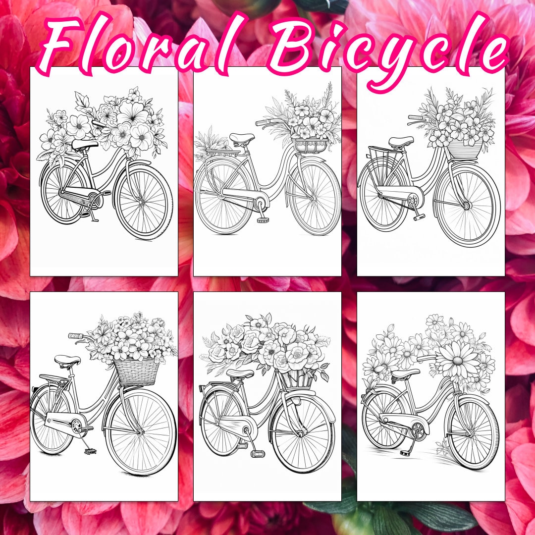 30 Floral Bicycle Coloring Page, Flower Coloring Book, Bicycle Coloring ...