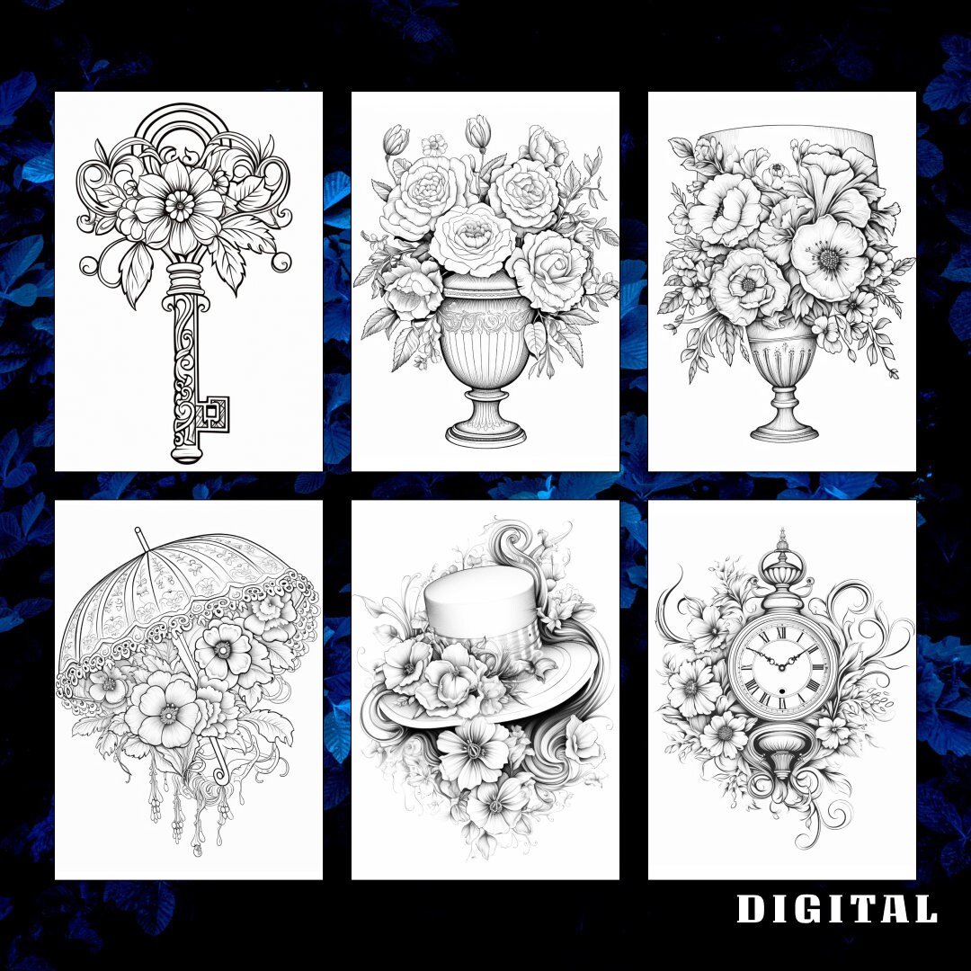 25 Blooming Antique Coloring Page, Floral Retro Coloring Book, Flowers ...