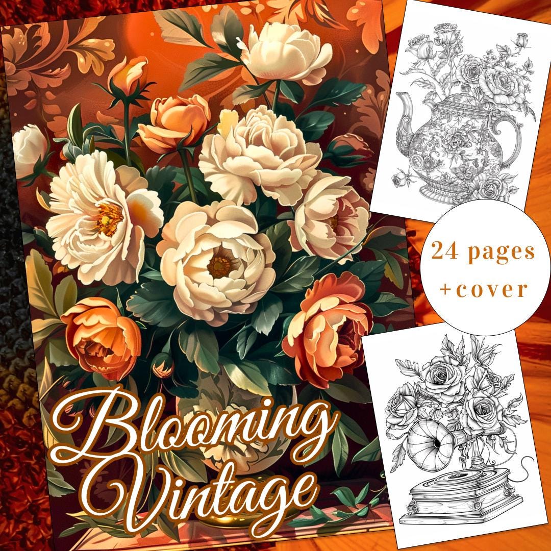 24 Blooming Vintage Coloring Page, Antique Coloring Book, Retro ...