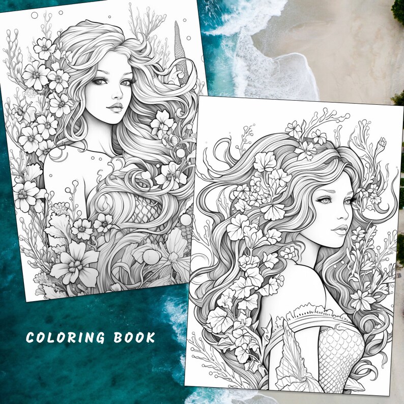 Floral Mermaid Coloring Book, Adults & Kids, Printable Pages (PDF) - Etsy