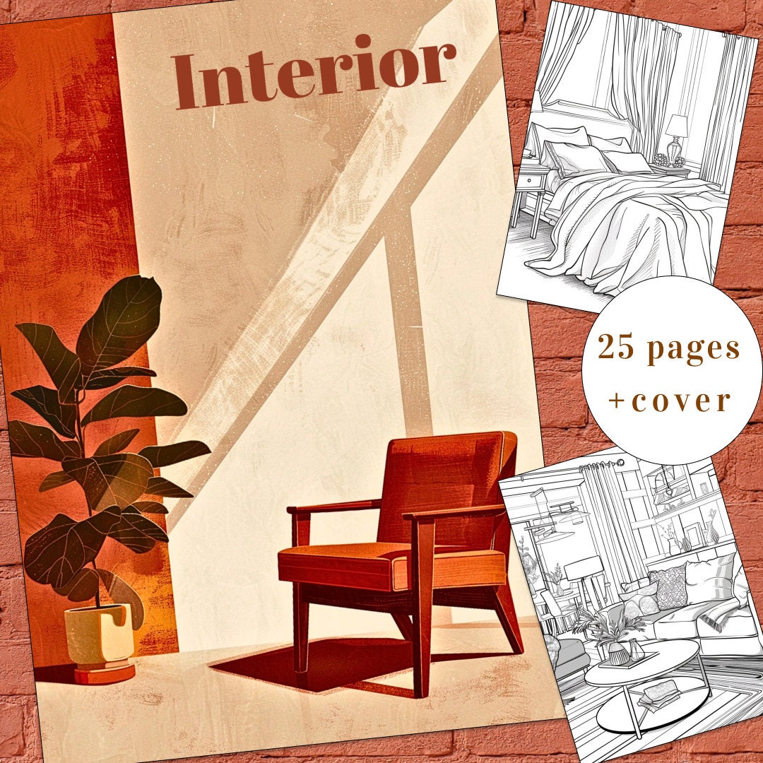 25 Interior Coloring Page, Design Coloring Book, Rooms Coloring, Adults ...