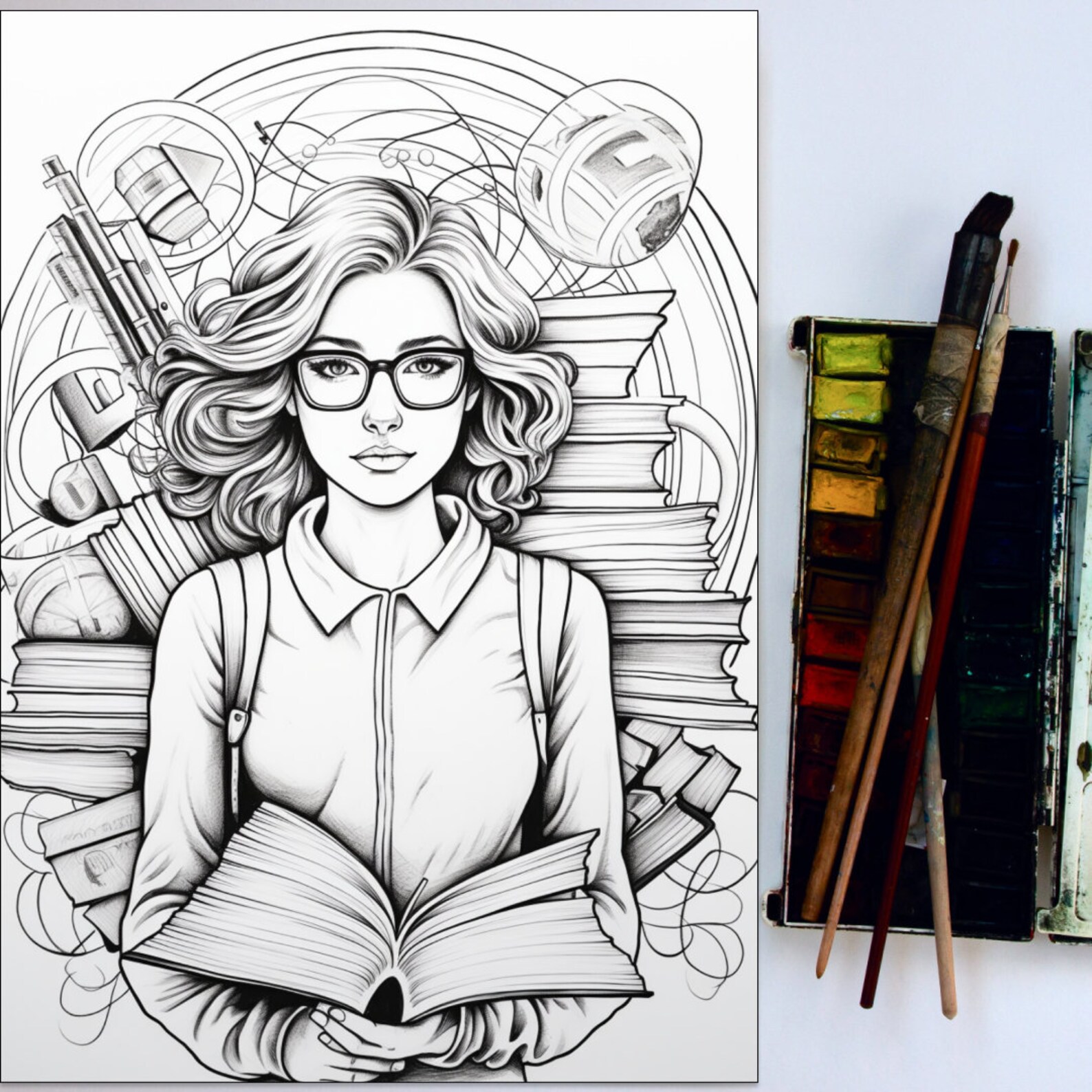 Lady and Books Coloring Book, 26 Page Illustrations (printable PDF) - Etsy