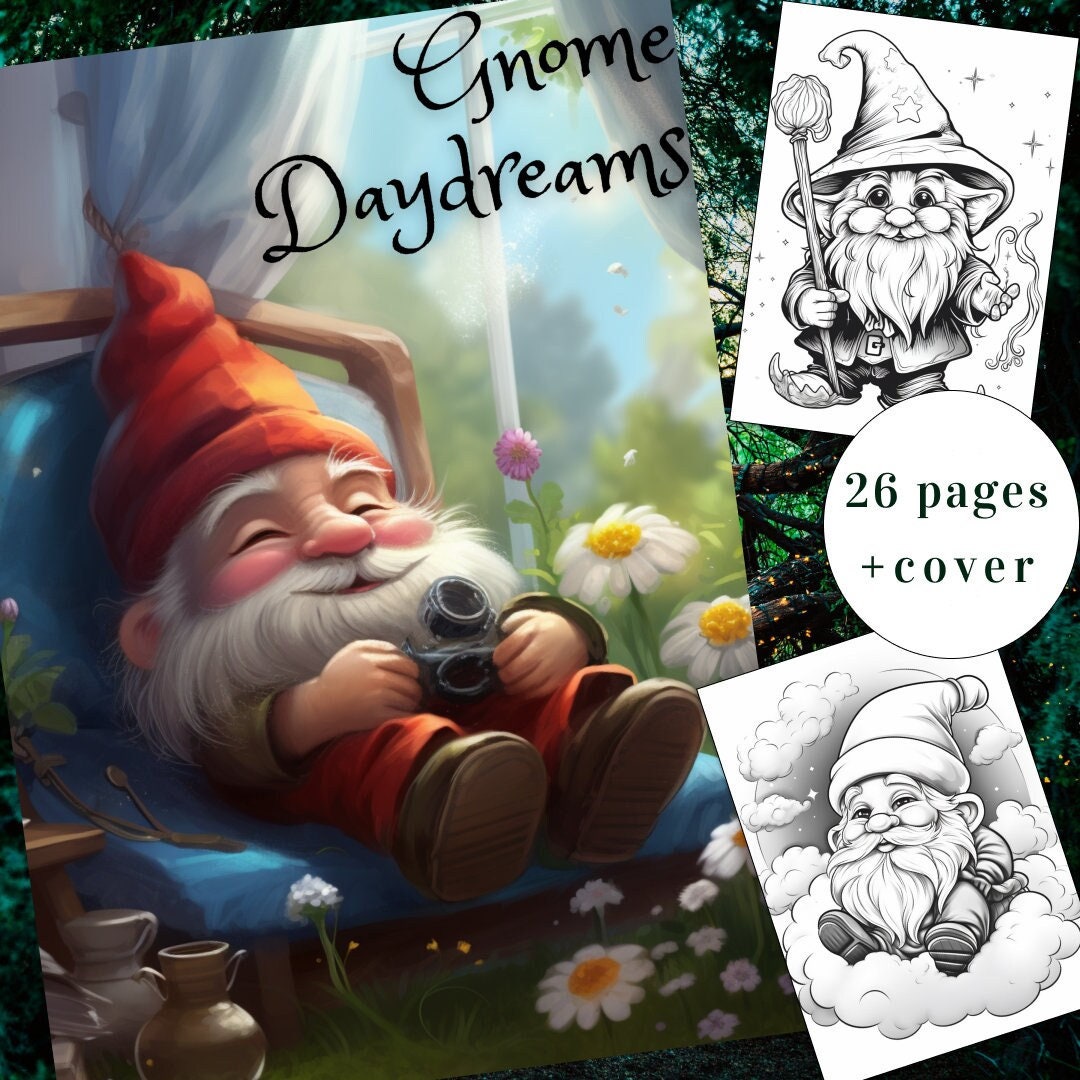 Gnome Daydream Coloring Book, Fantasy Gnomes, Kids & Adults (printable ...