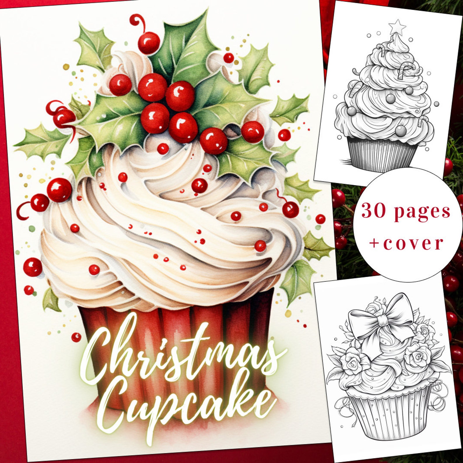 30 Christmas Cupcakes Coloring Page, Christmas Coloring,dessert ...