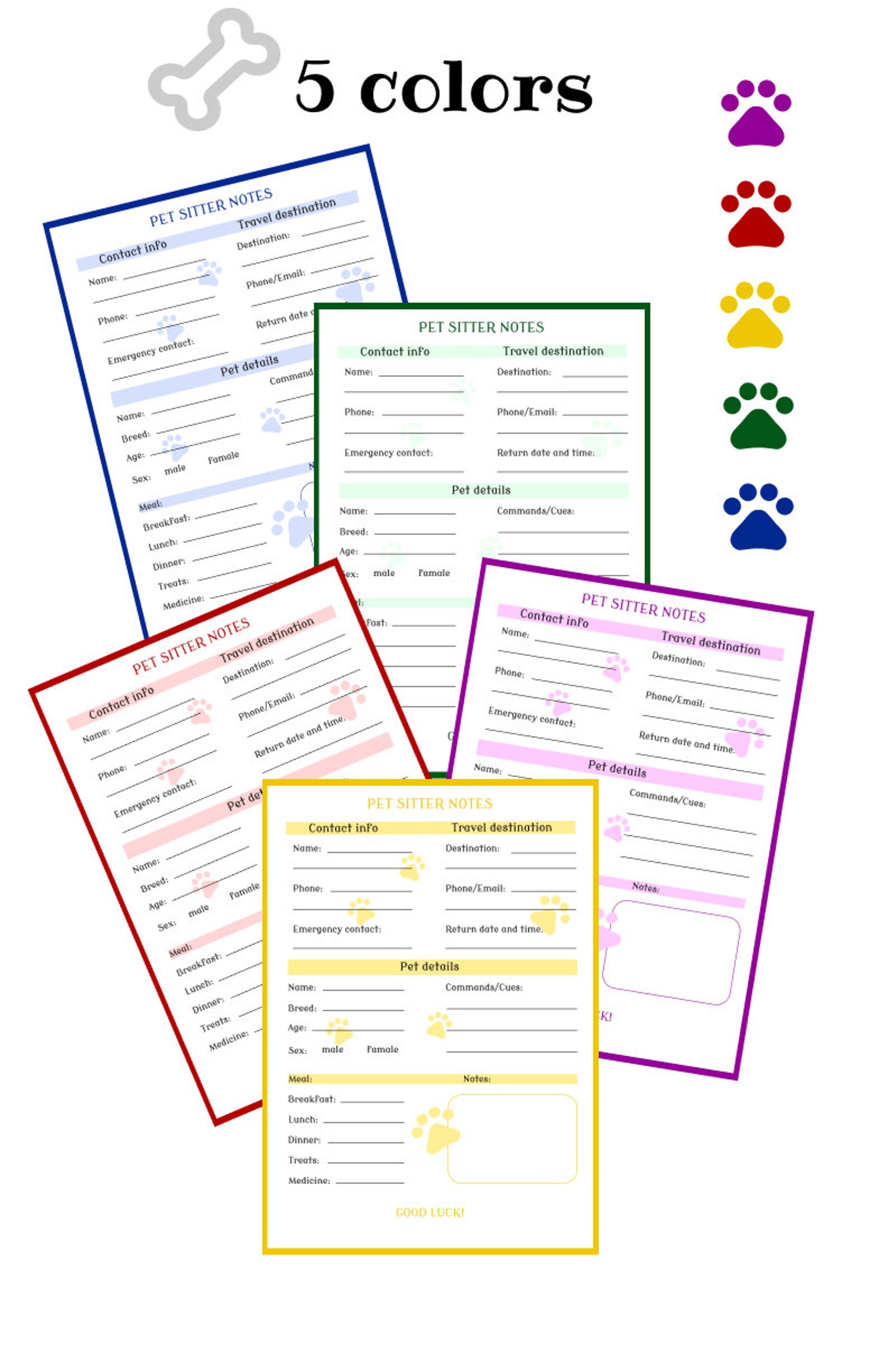 Digital Pet Sitter Notes Printable, Dog Cat Walker, Pet Care ...