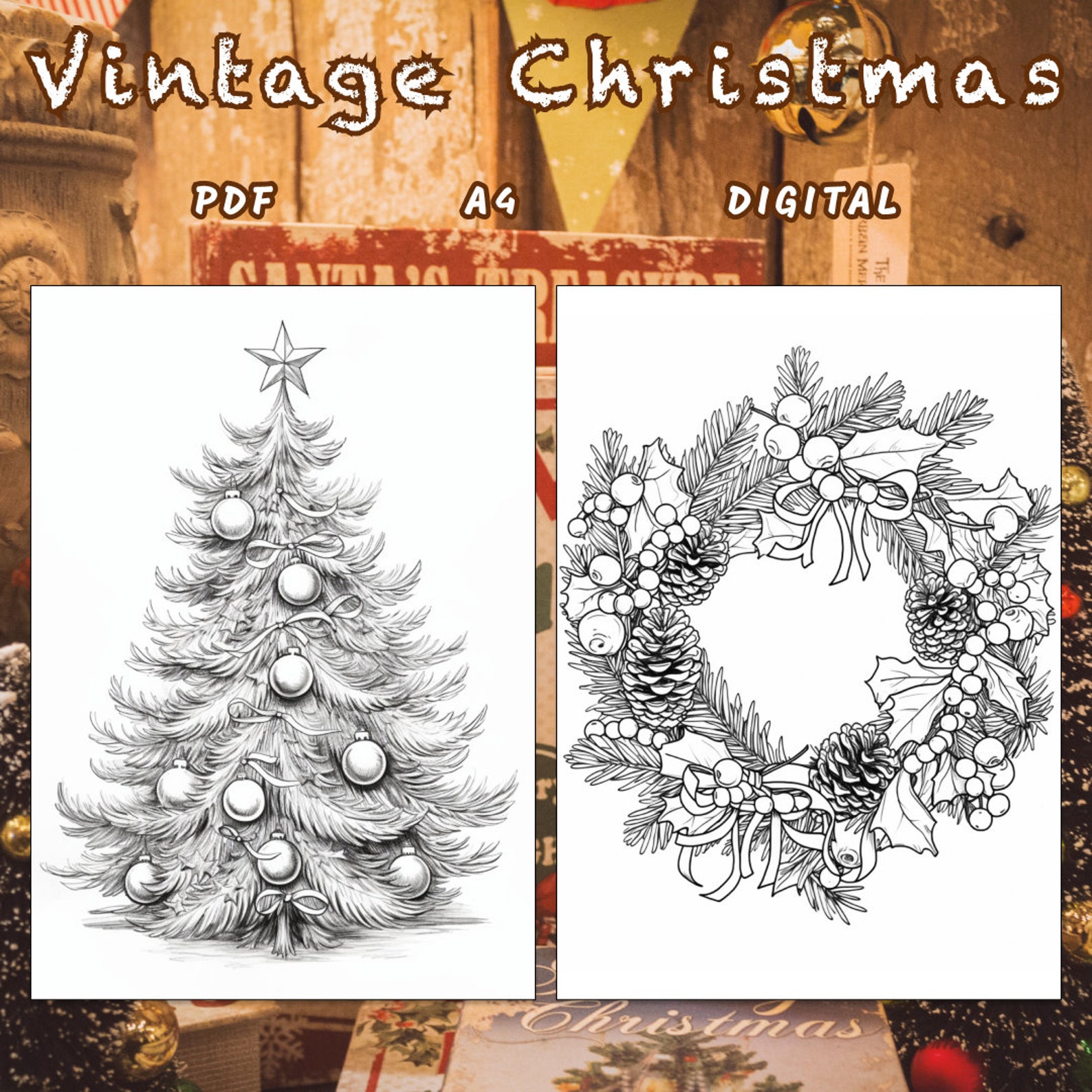 24 Vintage Christmas Coloring Page, Winter Coloring, Retro Christmas ...