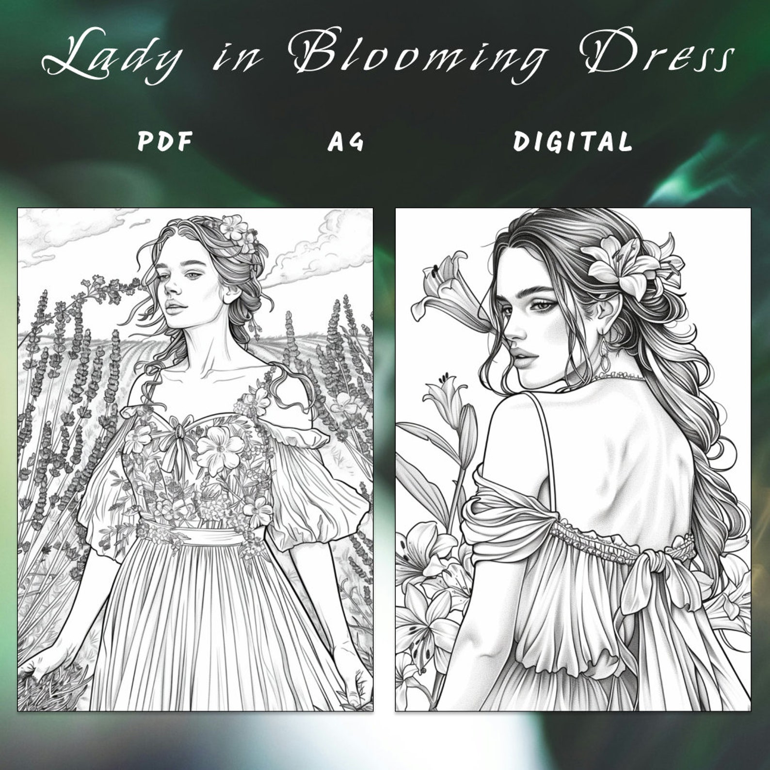 34 Lady in Blooming Dress Coloring Page, Lady Coloring Book, Flowers ...