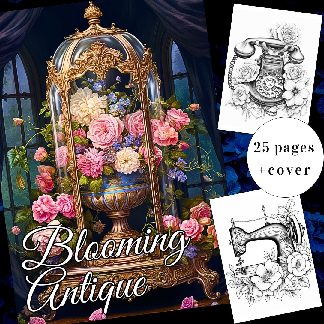 25 Blooming Antique Coloring Page, Floral Retro Coloring Book, Flowers ...