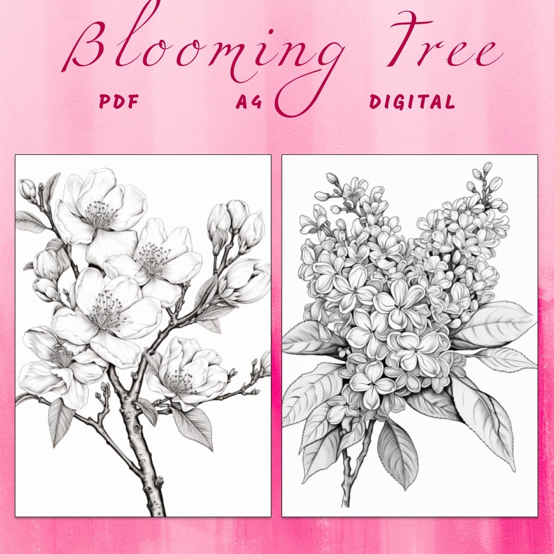 24 Blooming Tree Coloring Page, Flower Coloring, Bloom Coloring Book ...