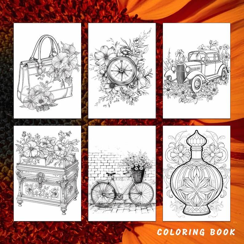 24 Blooming Vintage Coloring Page, Antique Coloring Book, Retro ...