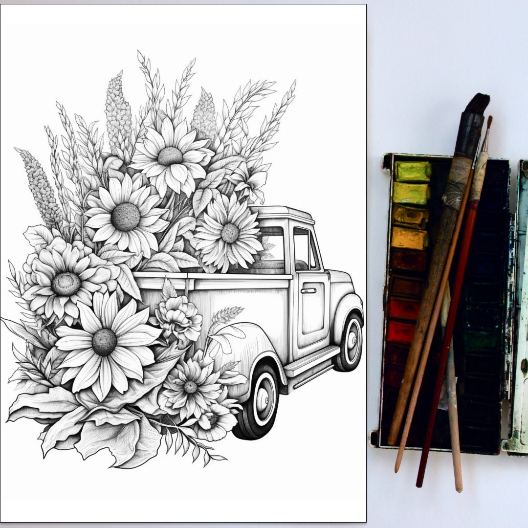 25 Blooming Car Coloring Page, Floral Truck Coloring Book, Cars ...