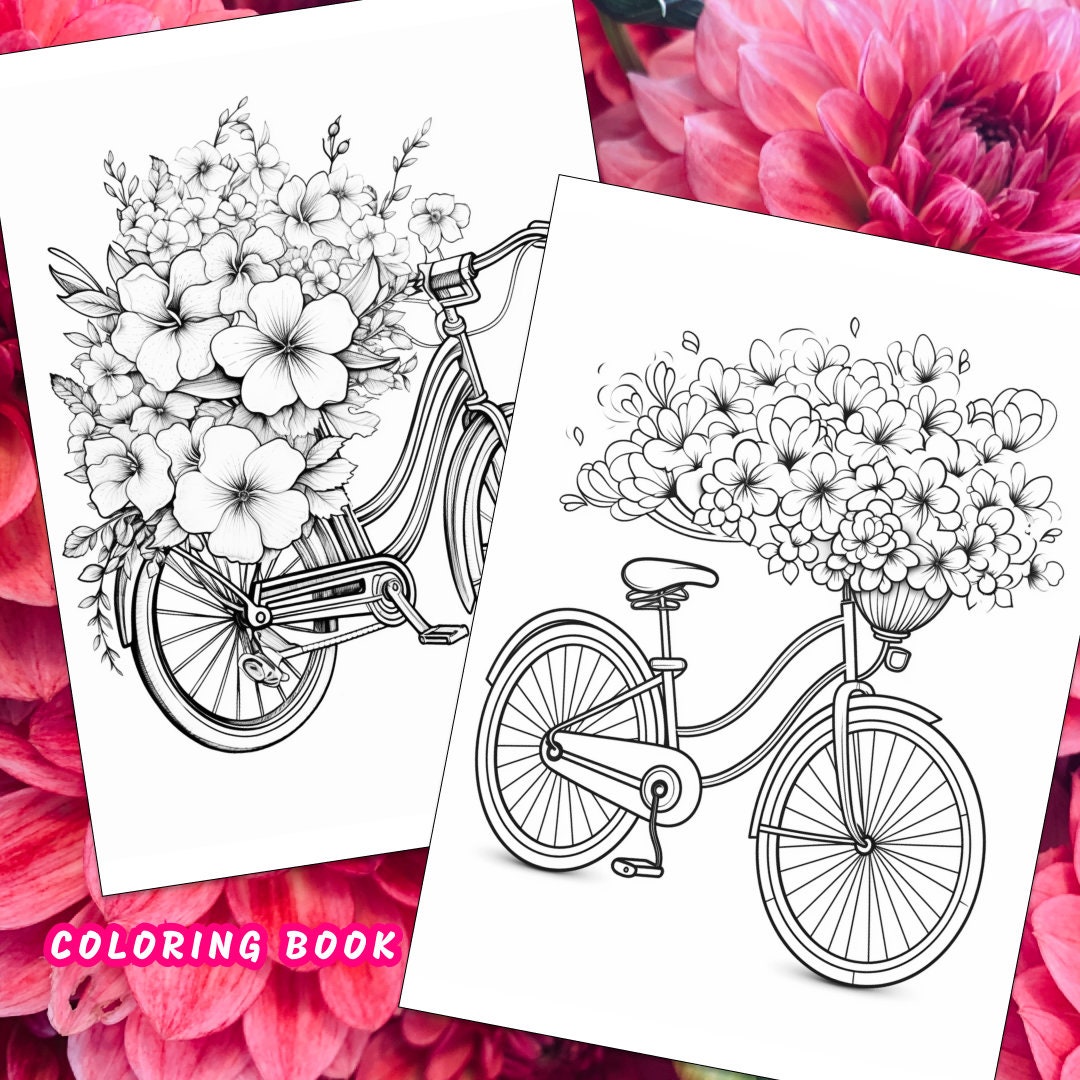 30 Floral Bicycle Coloring Page, Flower Coloring Book, Bicycle Coloring ...
