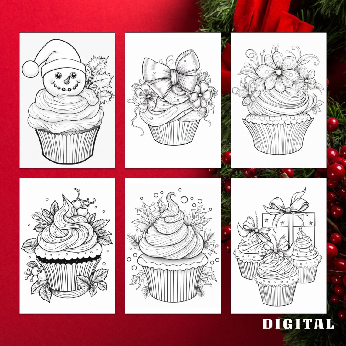 30 Christmas Cupcakes Coloring Page, Christmas Coloring,dessert ...