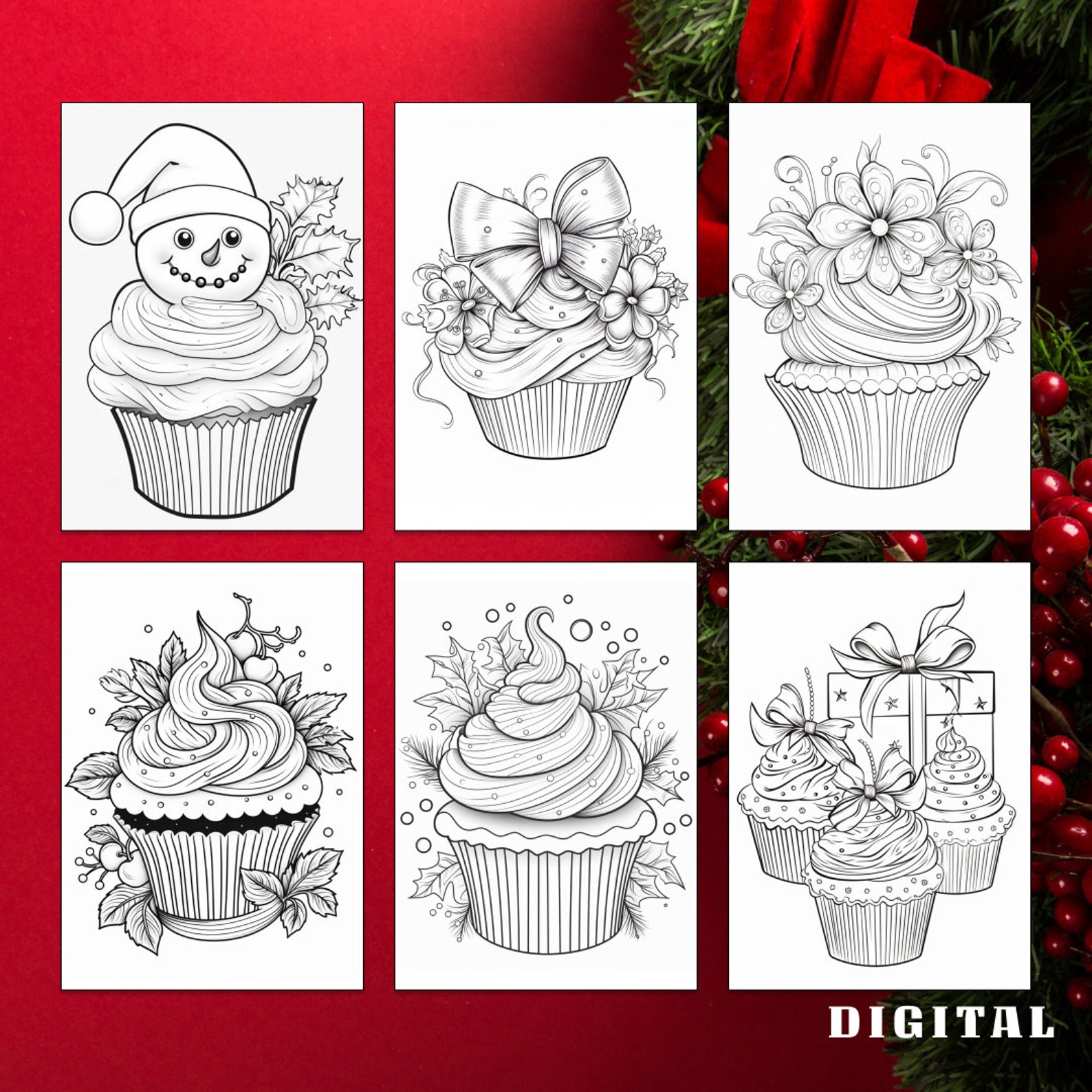 30 Christmas Cupcakes Coloring Page, Christmas Coloring,dessert ...