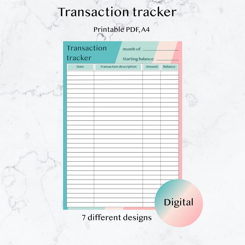 Digital Transaction Tracker, Template Planner, A4, PDF, Expense Tracker ...