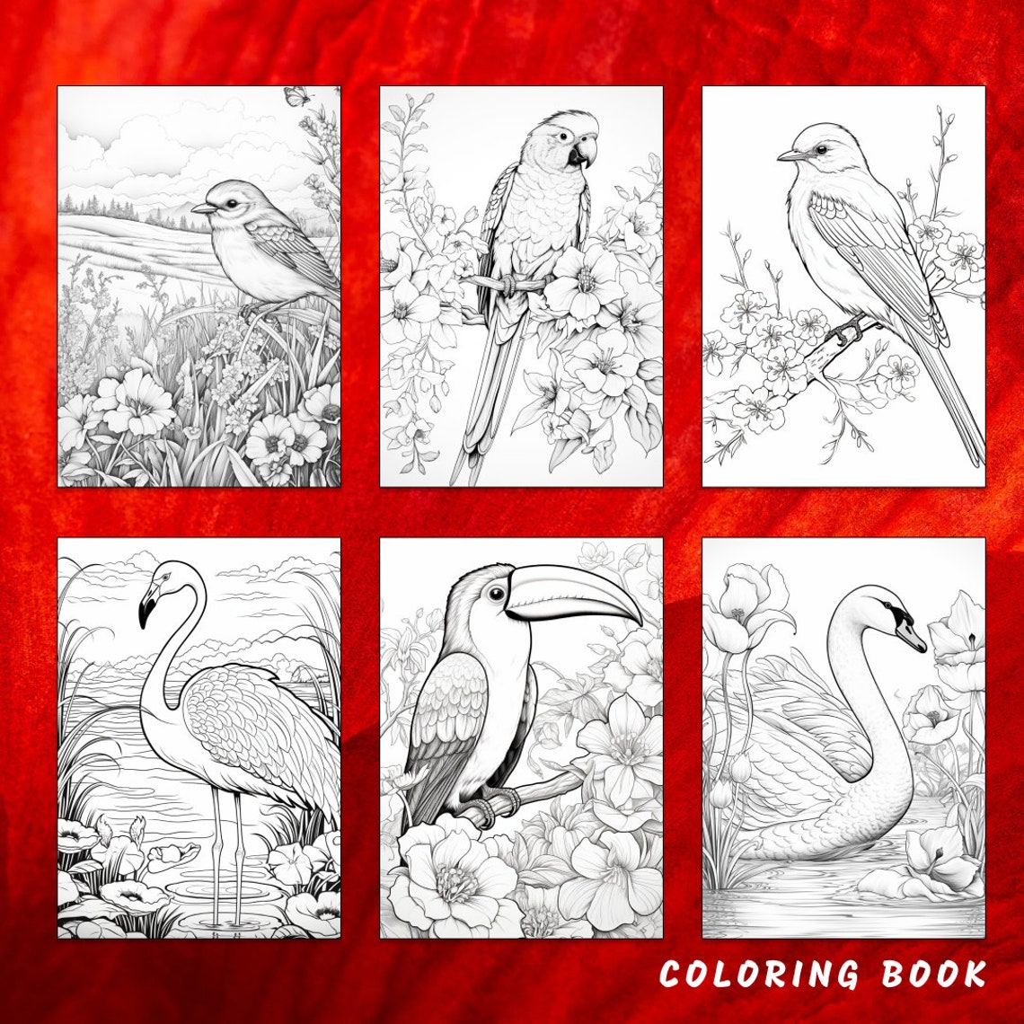 30 Birds and Flowers Coloring Page Flower Coloring Birds - Etsy