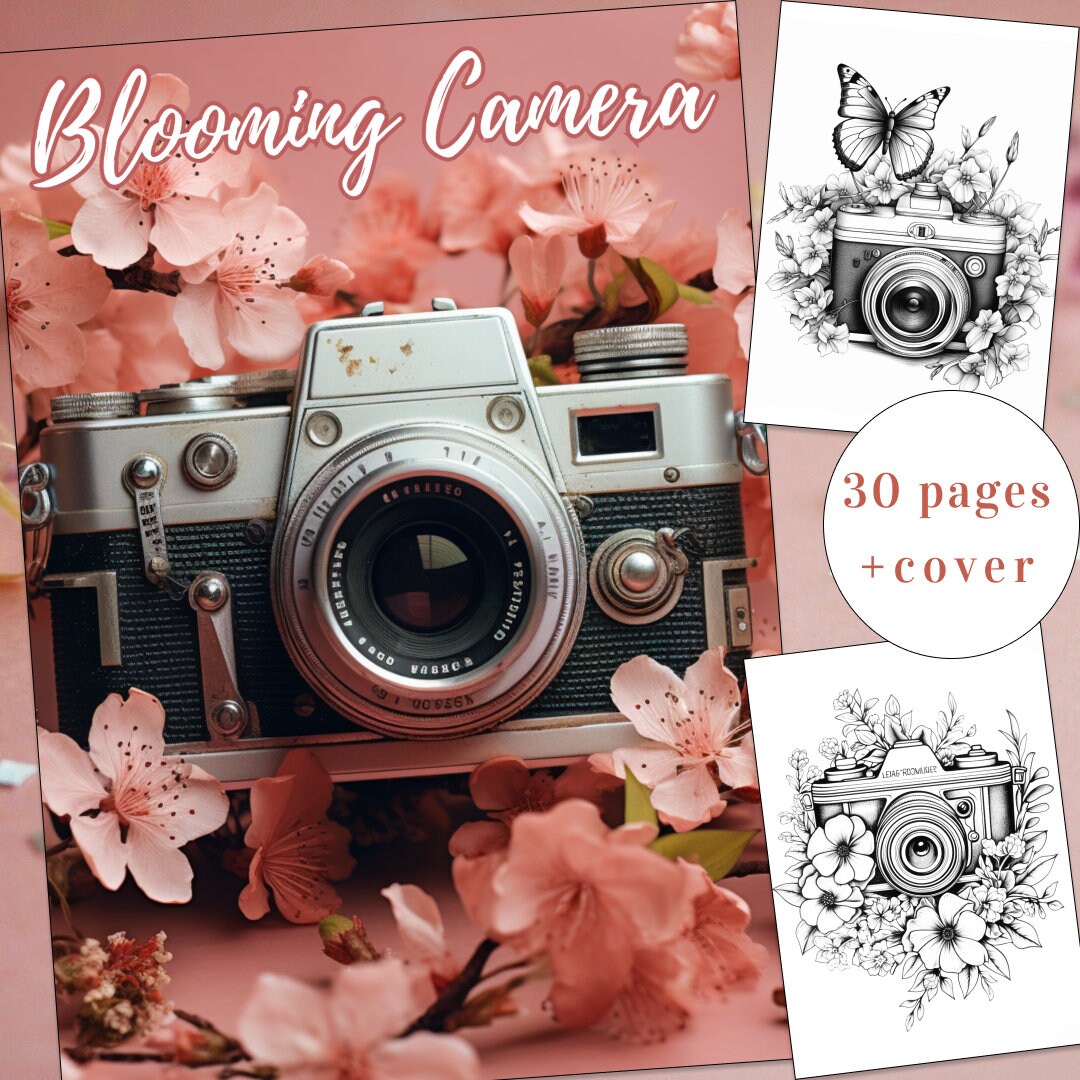 30 Blooming Camera Coloring Page, Floral Camera Coloring Book, Flowers ...