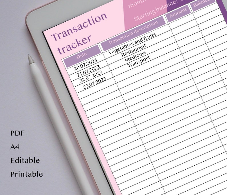 Digital Transaction Tracker, Template Planner, A4, PDF, Expense Tracker ...