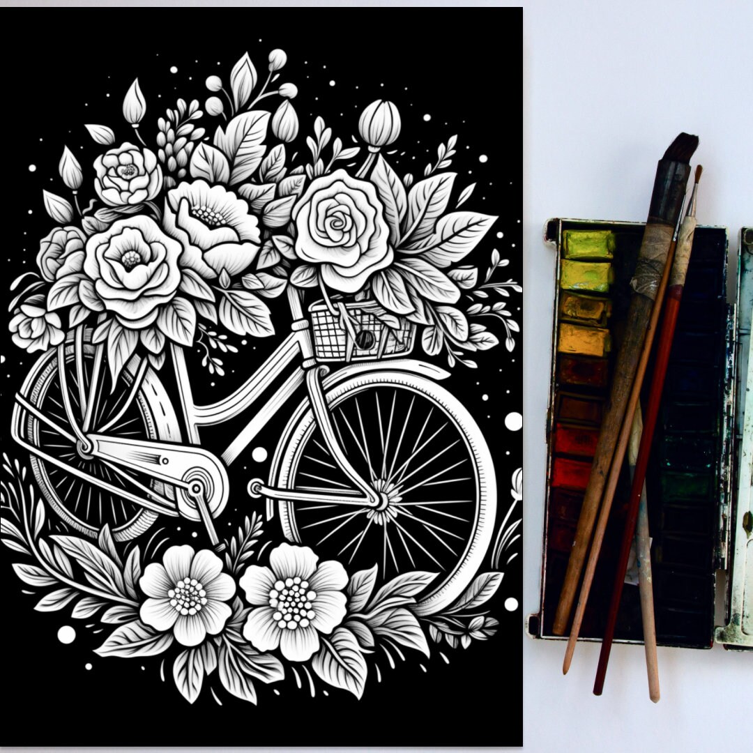 30 Floral Bicycle Coloring Page, Flower Coloring Book, Bicycle Coloring ...