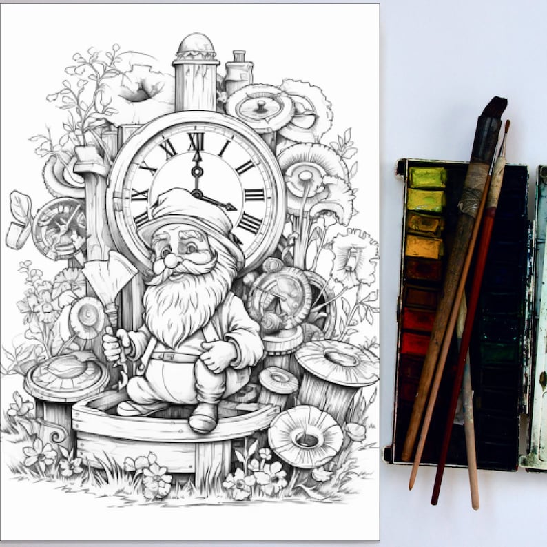 30 Gnome Coloring Book, Gnome Coloring Pages, Fantasy, Gnome Timekeeper ...