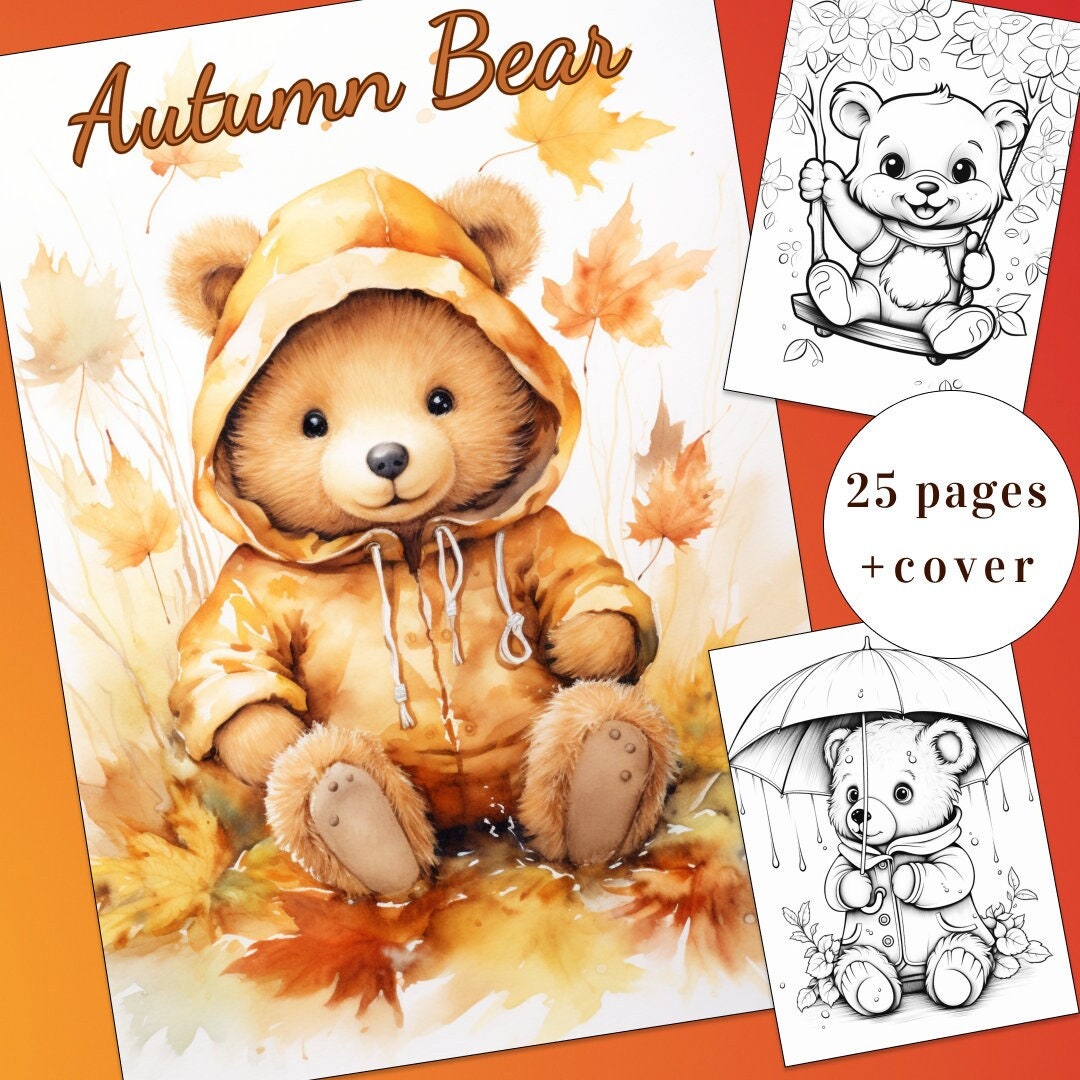 25 Autumn Bear Coloring Page, Cute Bear Coloring Book, Coloring Book ...
