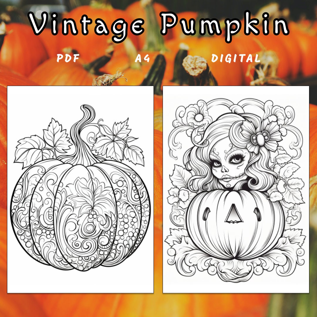 30 Autumn Vintage Pumpkins Coloring Page, Autumn Coloring Book, Vintage ...