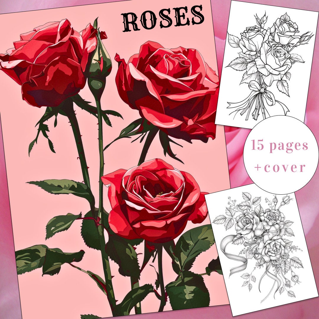 15 Roses Coloring Page, Flowers Coloring Book, Roses Coloring Book ...