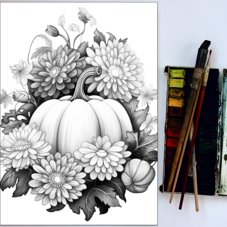 25 Floral Pumpkins Coloring Page, Autumn Coloring Book, Flower Coloring ...
