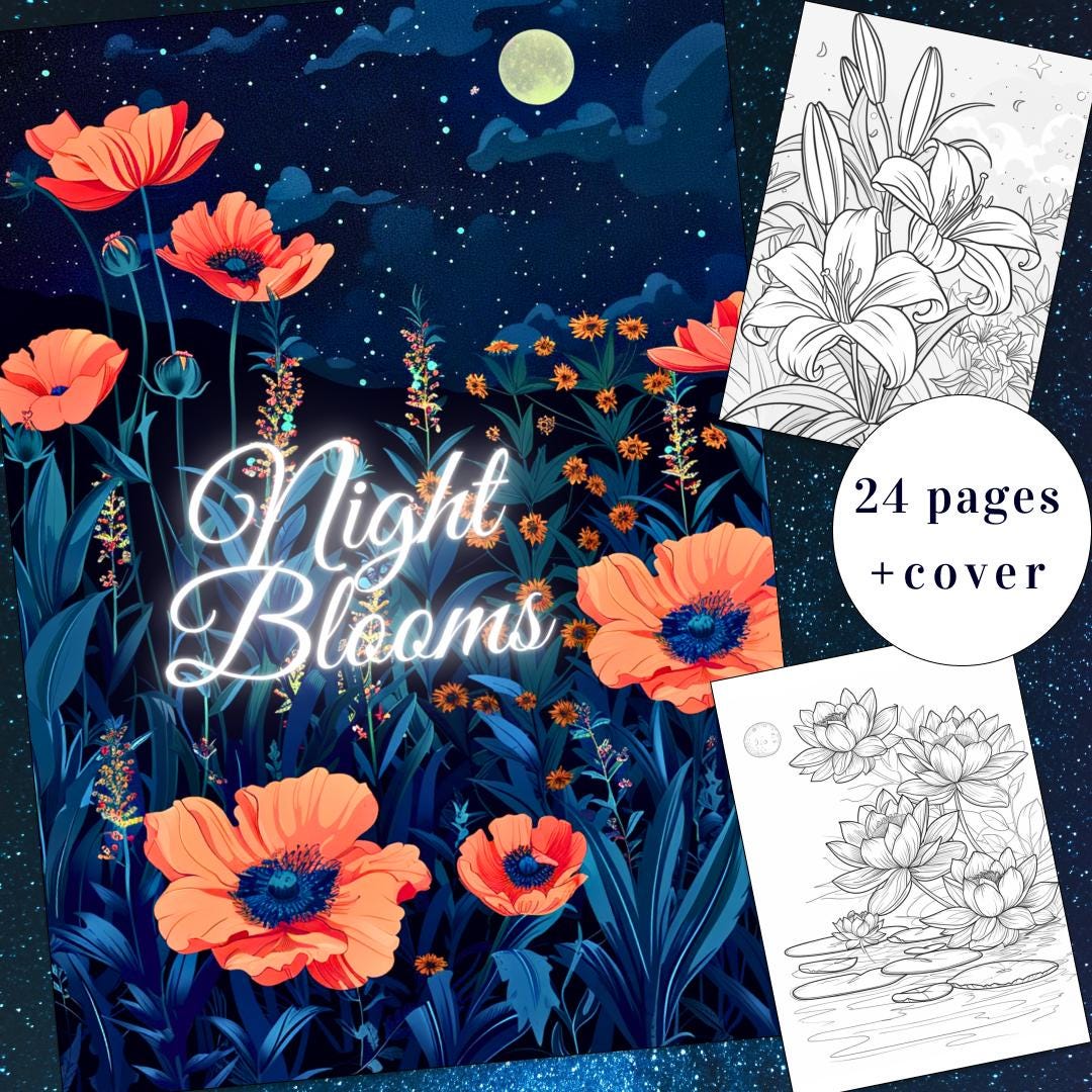 24 Night Blooms Coloring Page, Flowers Coloring Book, Night Coloring ...