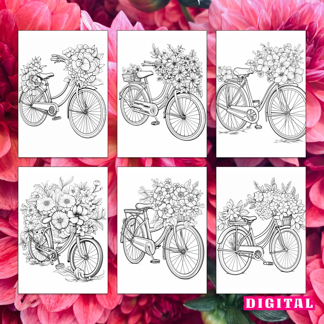 30 Floral Bicycle Coloring Page, Flower Coloring Book, Bicycle Coloring ...