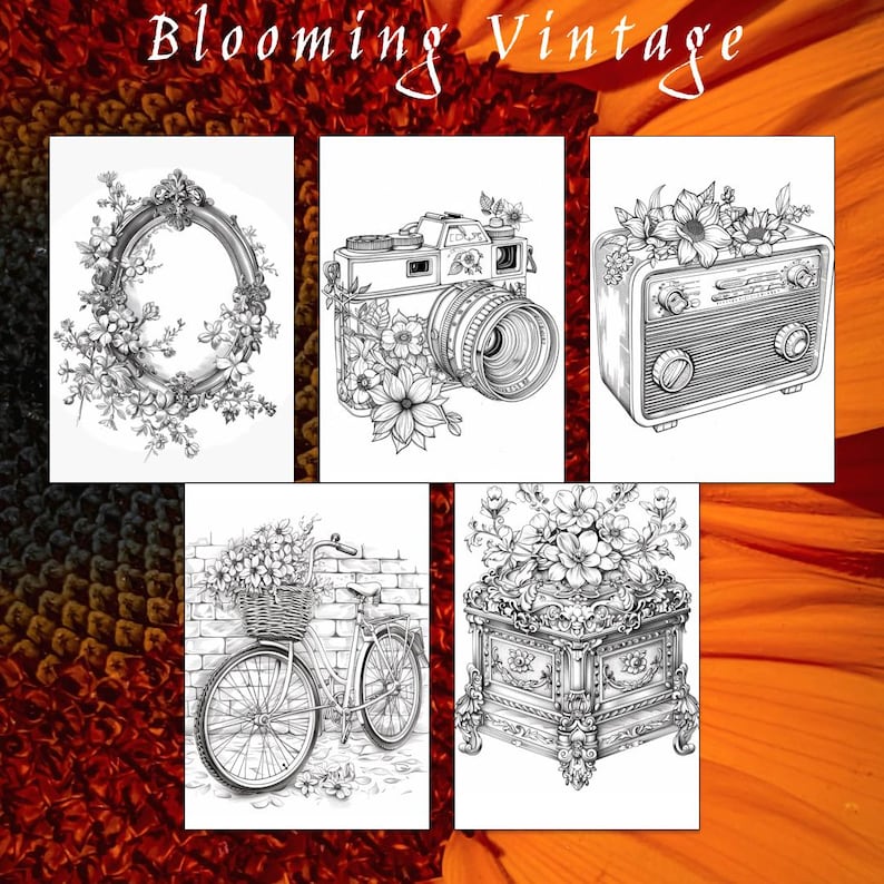 24 Blooming Vintage Coloring Page, Antique Coloring Book, Retro ...