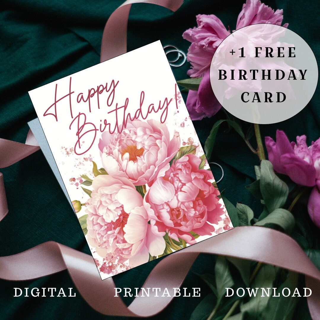 Peony Flower Birthday Card, Elegant Floral Design (digital Download) - Etsy