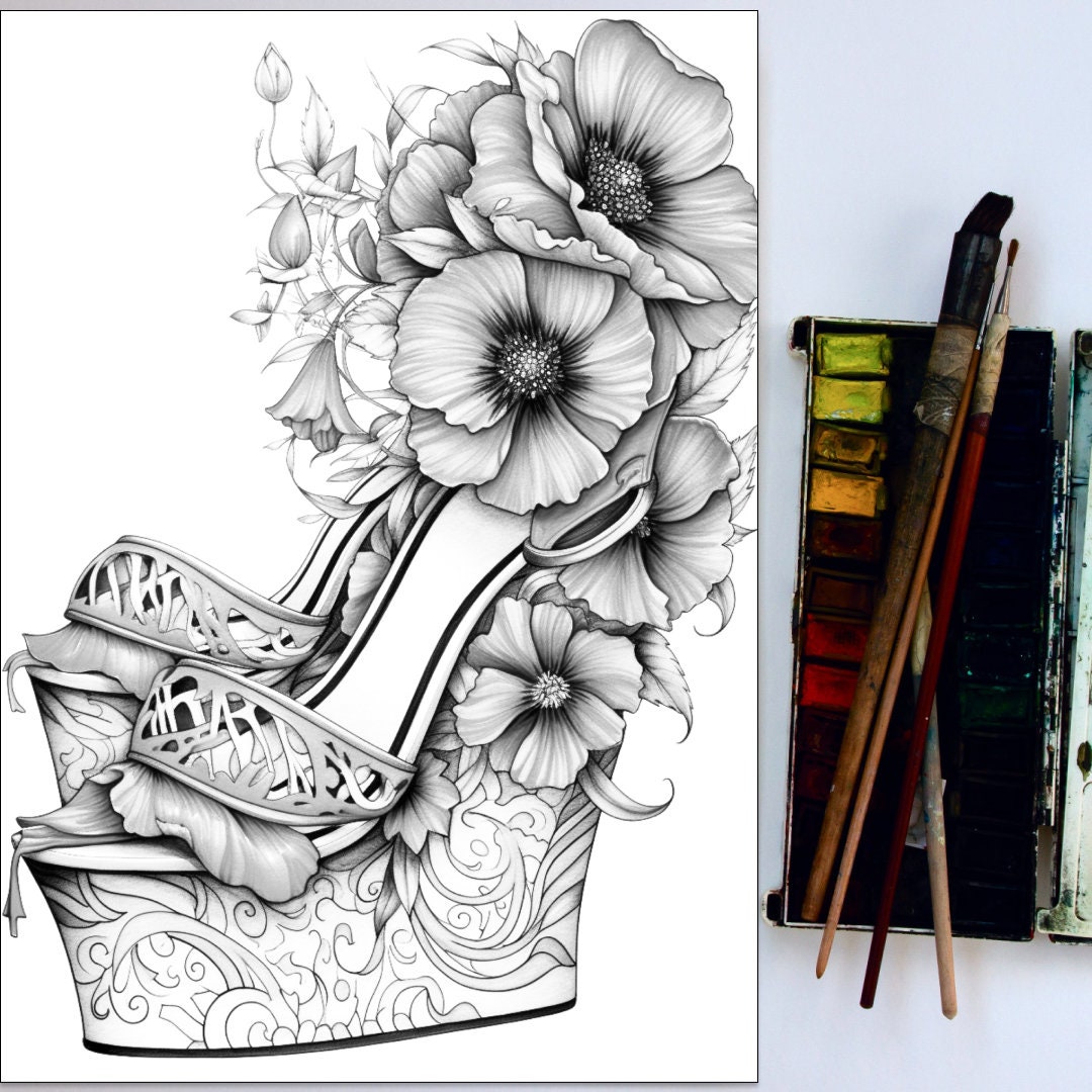 29 Blooming Shoes Coloring Page, Shoes Coloring Book, Heels Coloring ...