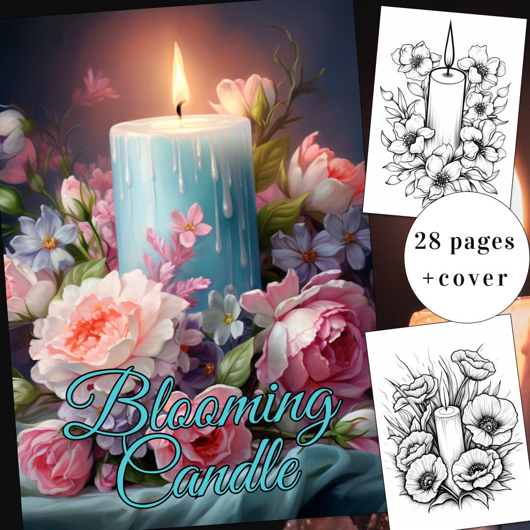 28 Blooming Candle Coloring Page, Floral Candle Coloring Book, Flowers ...