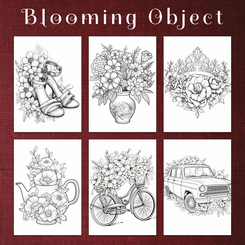 22 Blooming Object Coloring Page, Floral Object Coloring Book,fantasy ...