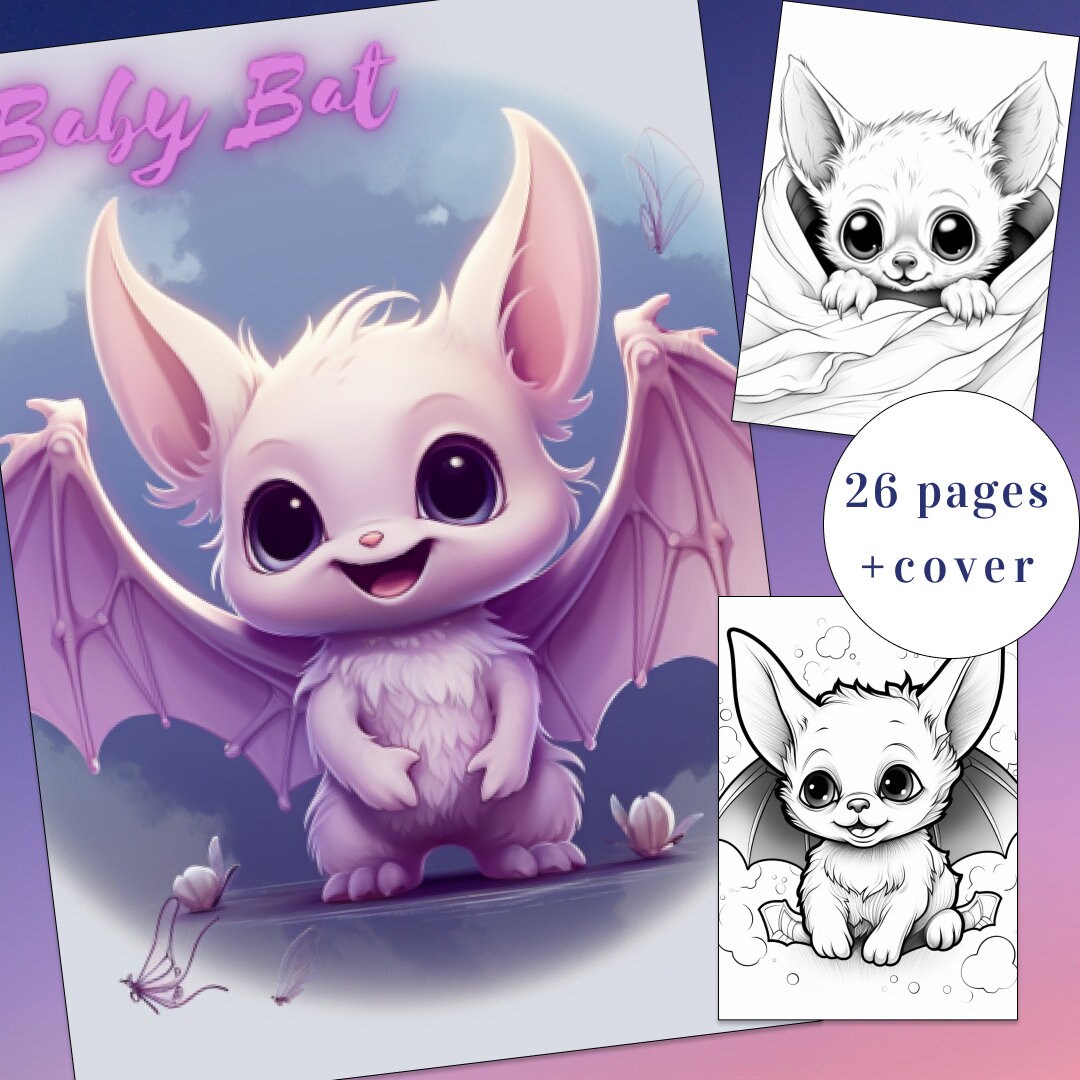26 Cute Baby Bat Coloring Page, Cute Coloring, Adults + Kids- Instant ...