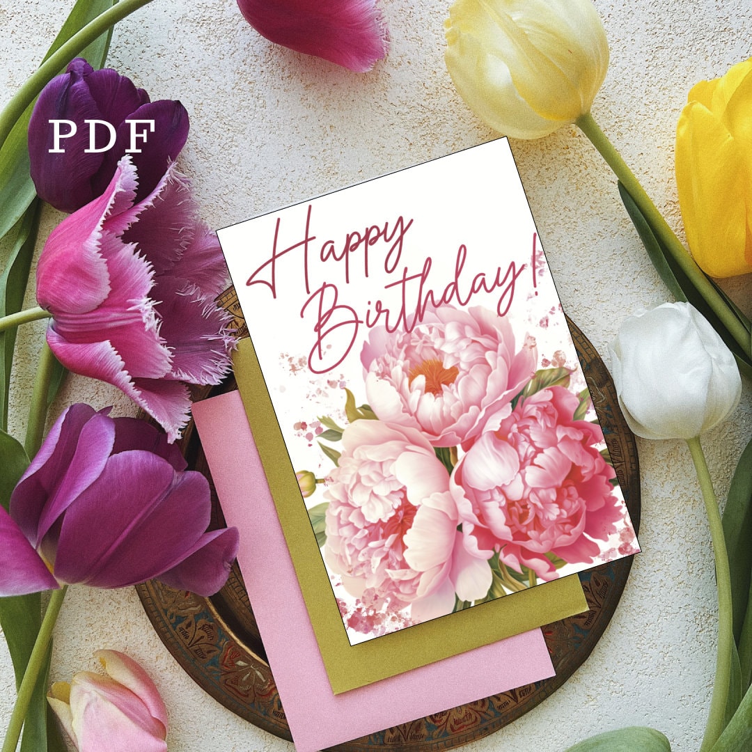 Peony Flower Birthday Card, Elegant Floral Design (digital Download) - Etsy
